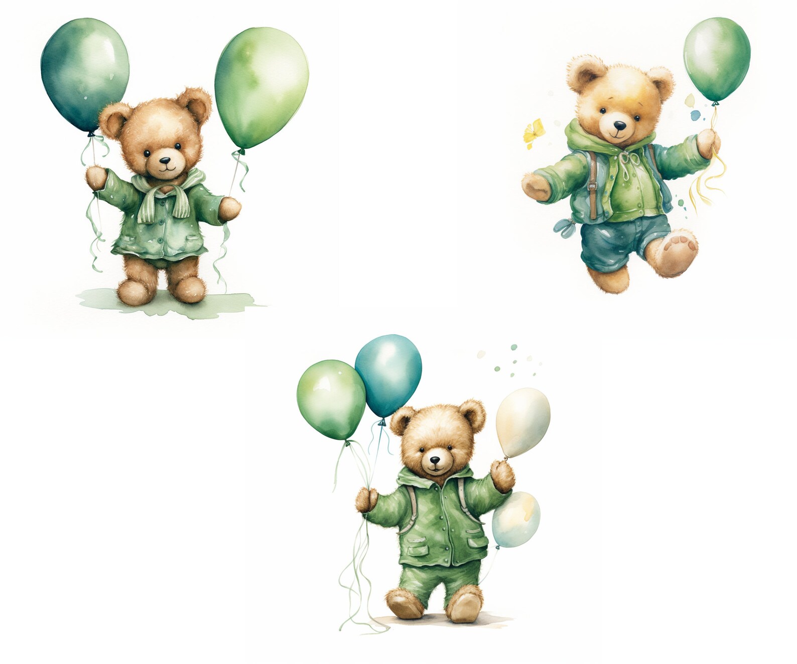20 Green Watercolour Teddy Bear Clipart, Baby Shower Bundle, Commercial ...