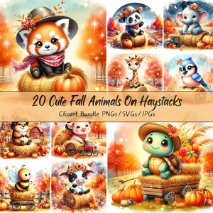 Cute Fall Animals on Haystacks Clipart Bundle, Watercolor Animal Clip ...