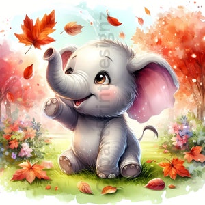 Cute Fall Elephants Clipart Bundle, Watercolor Elephant Clip Art Images ...
