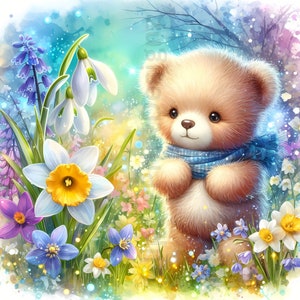 Cute Spring Teddy Bears Clipart Bundle, Watercolor Clip Art Images ...