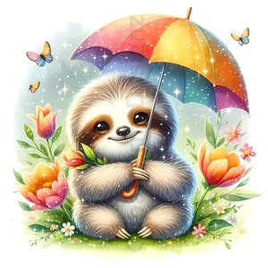 Cute Spring Sloths Clipart Bundle, Watercolor Clip Art Images, High ...