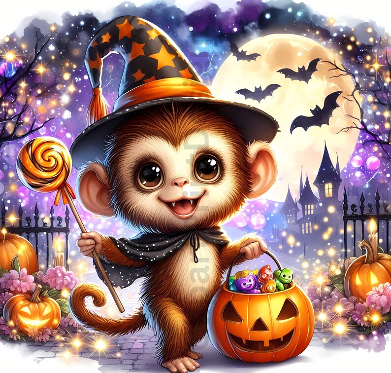 Cute Halloween Monkeys Clipart Bundle, Watercolor Monkey Clip Art ...