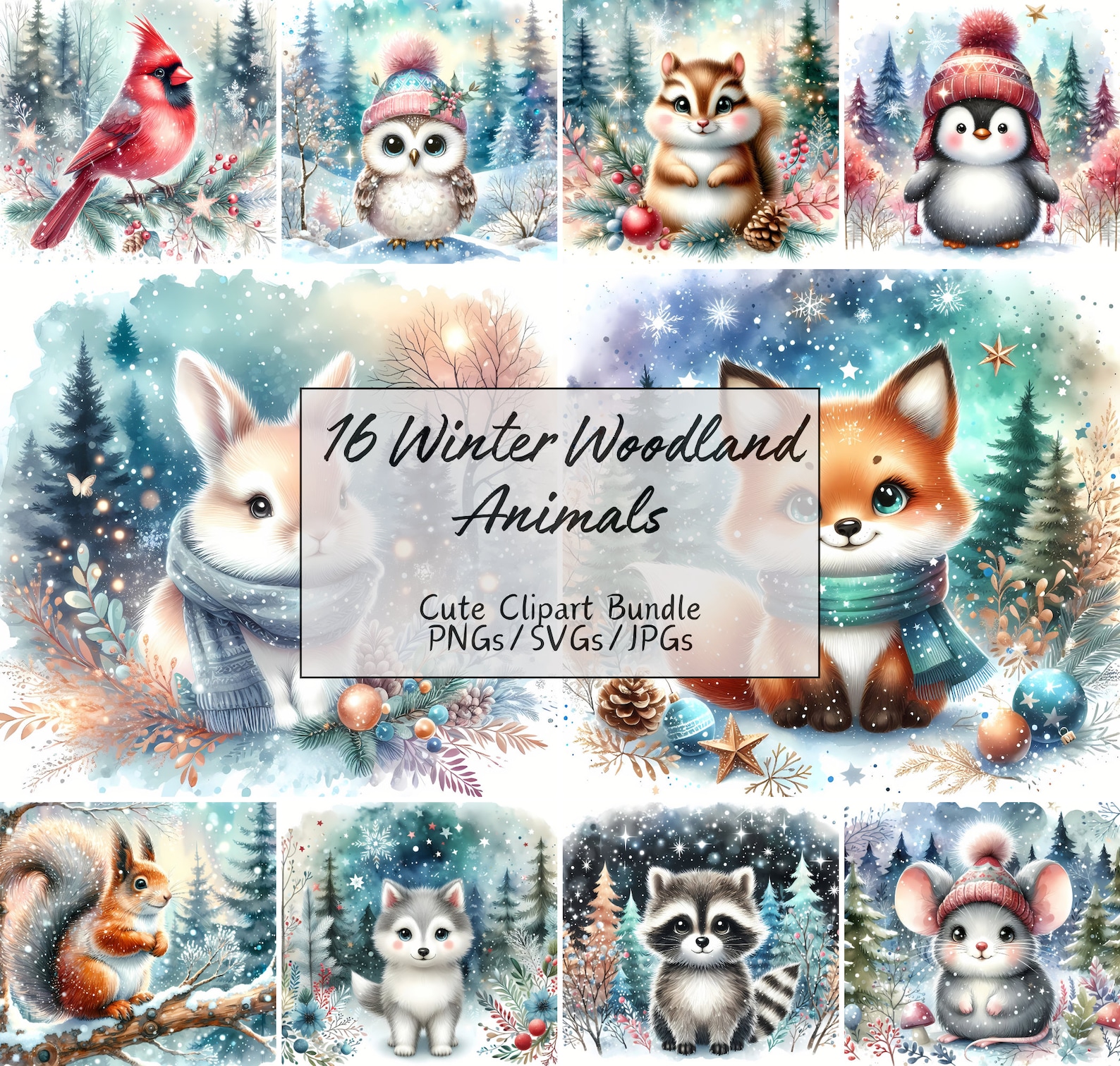 Cute Winter Woodland Animals Clipart Bundle, Festive Watercolor Clip ...