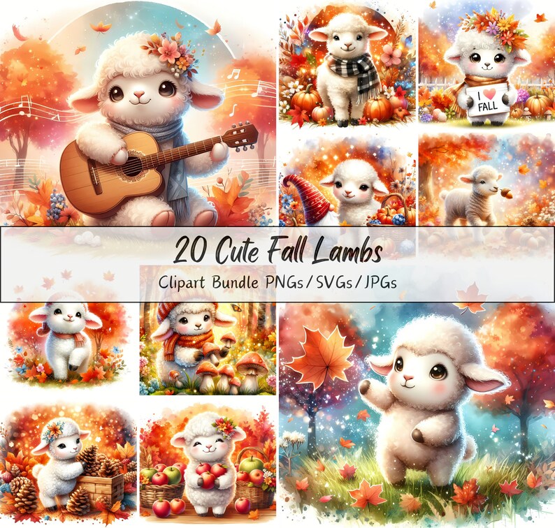 Cute Fall Lambs Clipart Bundle, Watercolor Lamb Clip Art Images, High ...