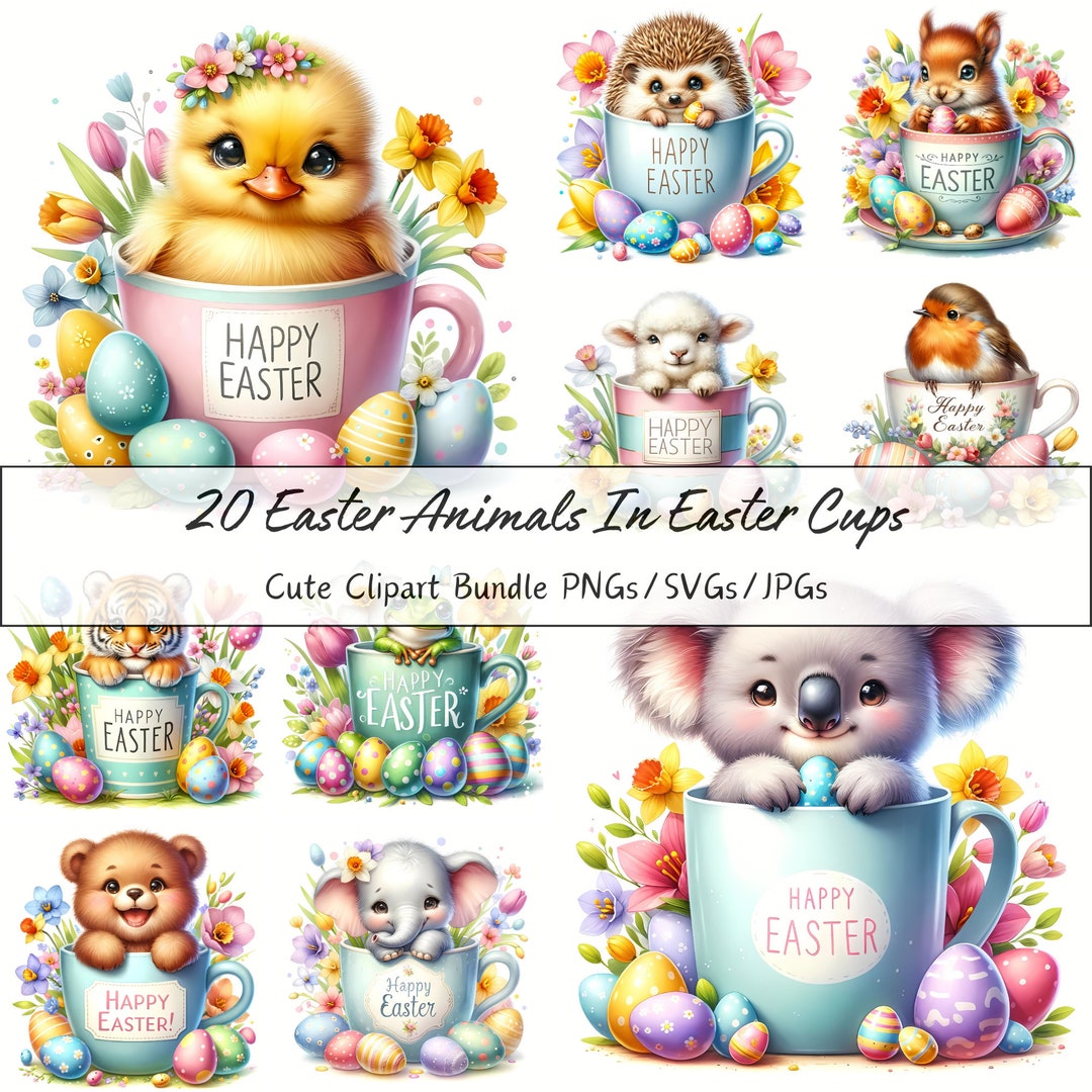 Cute Easter Animals in Easter Cups Clipart Bundle, Watercolor Clip Art ...