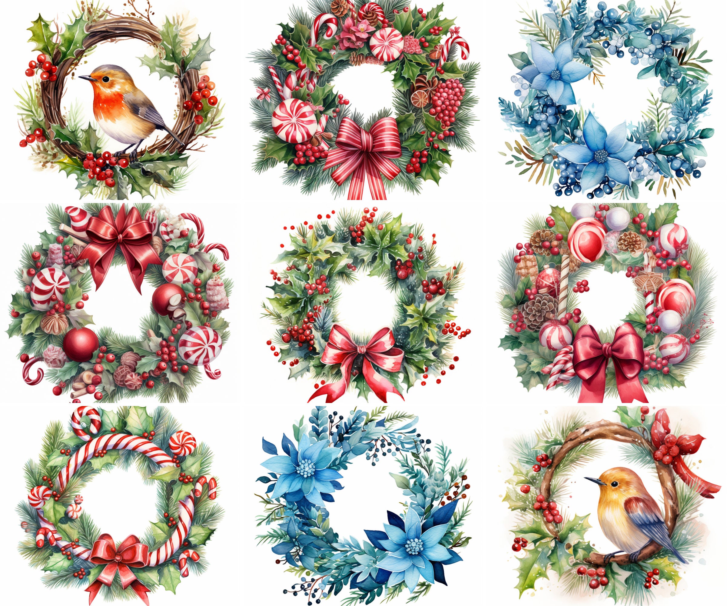 55 Watercolor Christmas Wreaths Clipart Bundle, Winter Clipart, Holiday ...