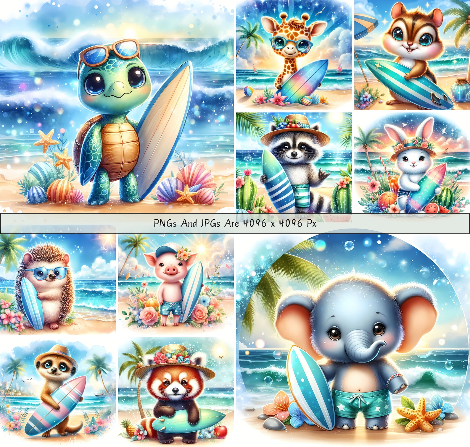 Cute Summer Surf Animals Clipart Bundle, Watercolor Beach Clip Art ...