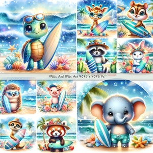 Cute Summer Surf Animals Clipart Bundle, Watercolor Beach Clip Art ...