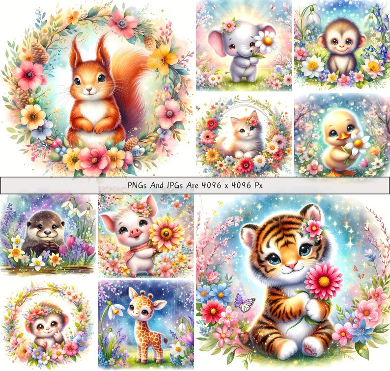 Mega Cute Spring Animals and Flowers Clipart Bundle, Watercolor Clip ...