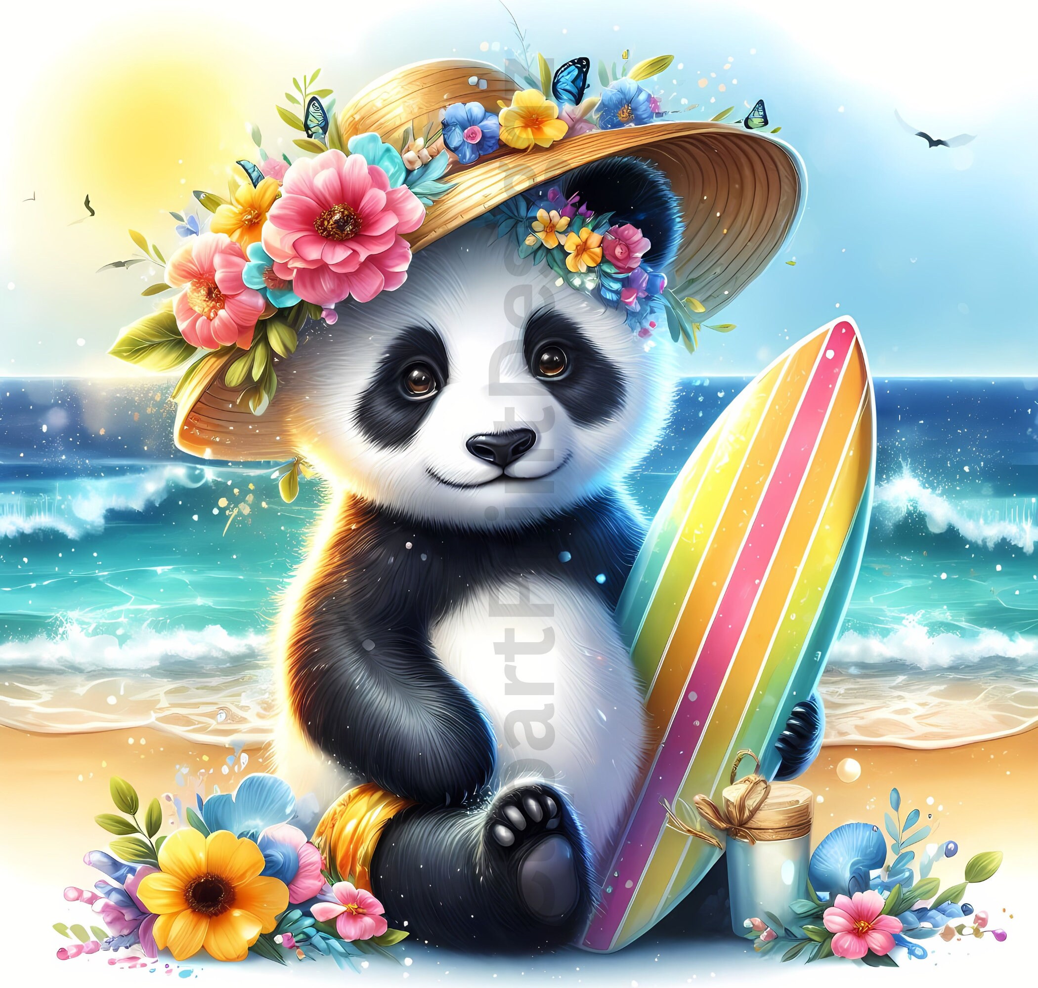 Cute Summer Pandas Clipart Bundle, Watercolor Panda Clip Art Images ...
