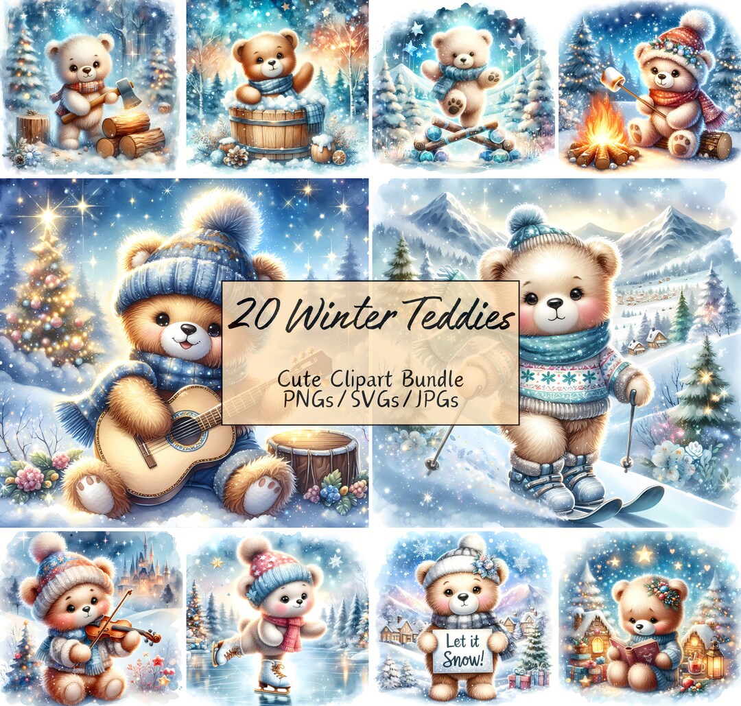 Cute Winter Teddy Bear Clipart Bundle, Festive Watercolor Clip Art Images, 20 High Quality Pngs ...