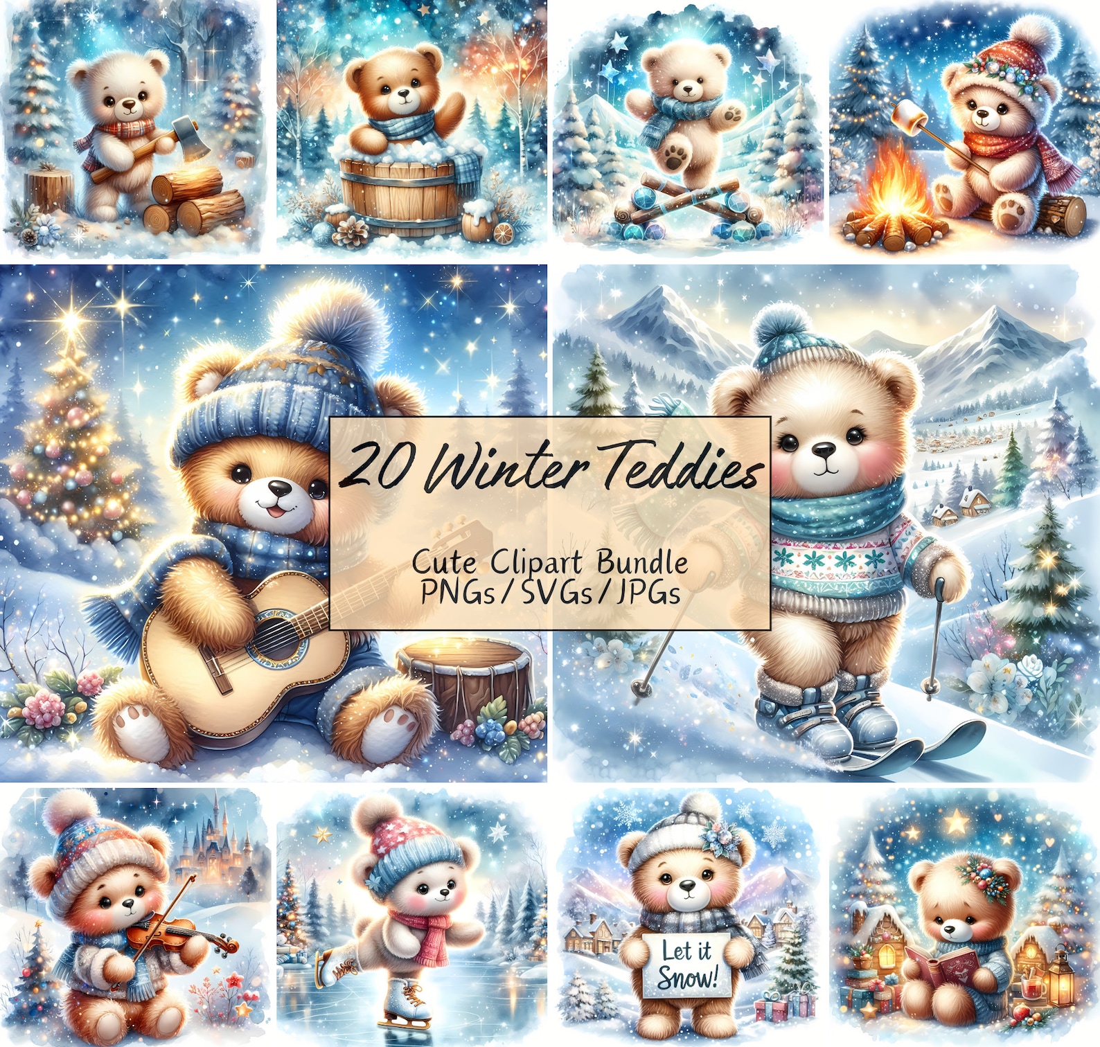 Cute Winter Teddy Bear Clipart Bundle, Festive Watercolor Clip Art Images, 20 High Quality Pngs ...