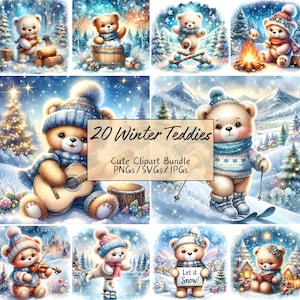 Cute Winter Teddy Bear Clipart Bundle, Festive Watercolor Clip Art Images, 20 High Quality Pngs ...