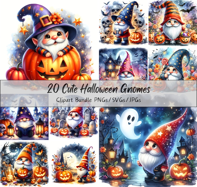 Cute Halloween Gnomes Clipart Bundle, Watercolor Gnome Clip Art Images ...