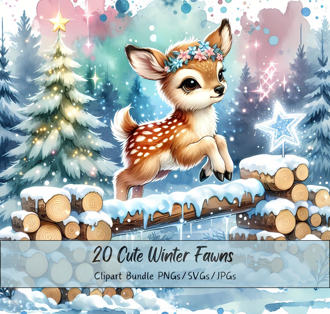 Cute Winter Fawn Clipart Bundle, Festive Watercolor Clip Art Images, 20 ...