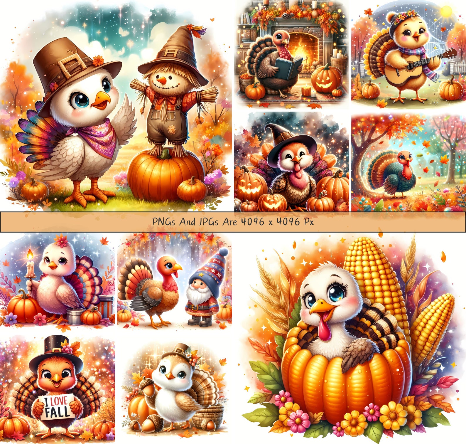 Cute Fall Turkeys Clipart Bundle, Watercolor Turkey Clip Art Images ...