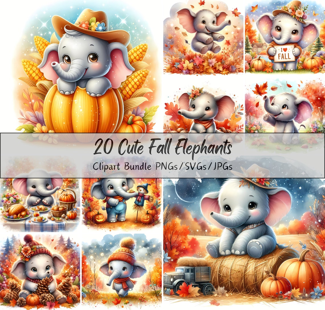 Cute Fall Elephants Clipart Bundle, Watercolor Elephant Clip Art Images ...