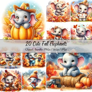 Cute Fall Elephants Clipart Bundle, Watercolor Elephant Clip Art Images ...