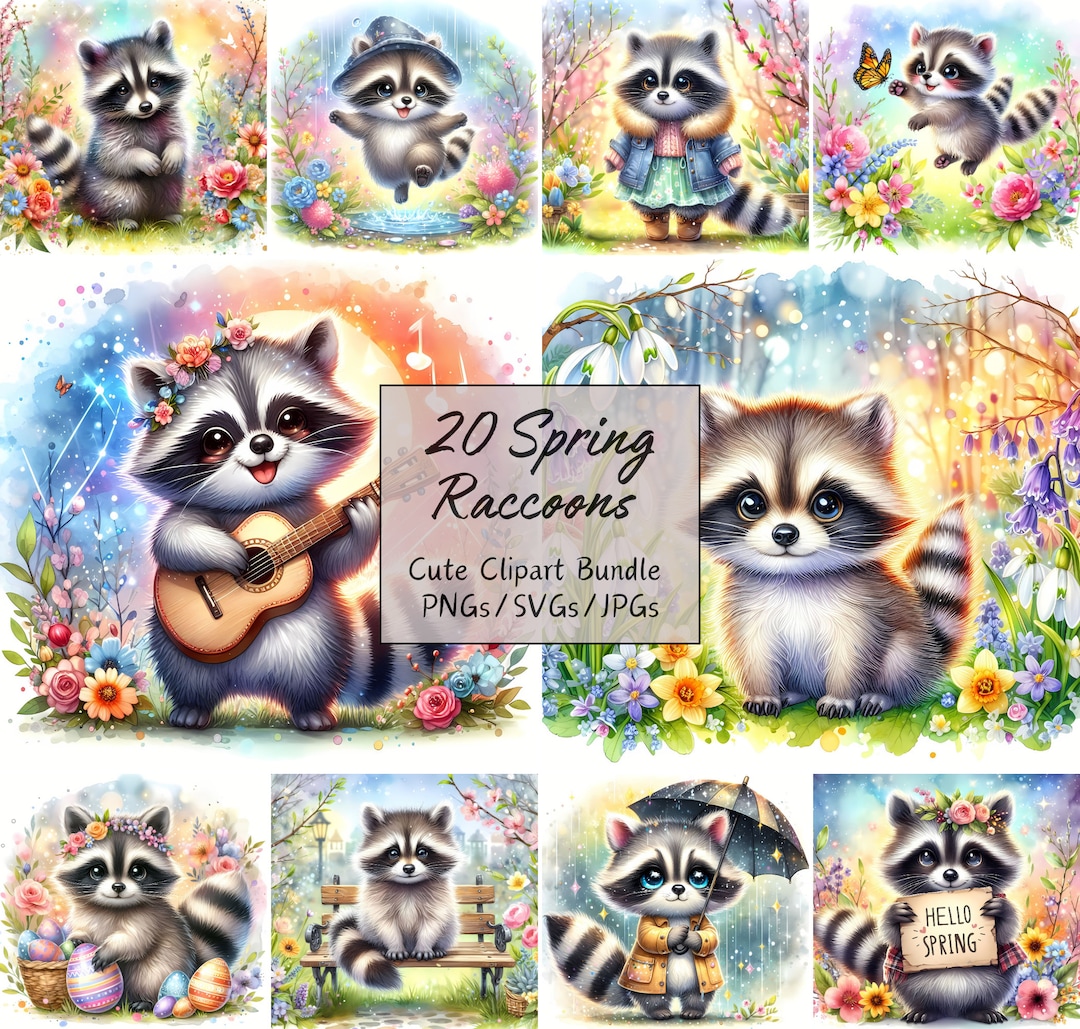 Cute Spring Raccoons Clipart Bundle, Watercolor Clip Art Images, 20 ...