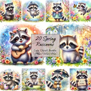 Cute Spring Raccoons Clipart Bundle, Watercolor Clip Art Images, 20 ...