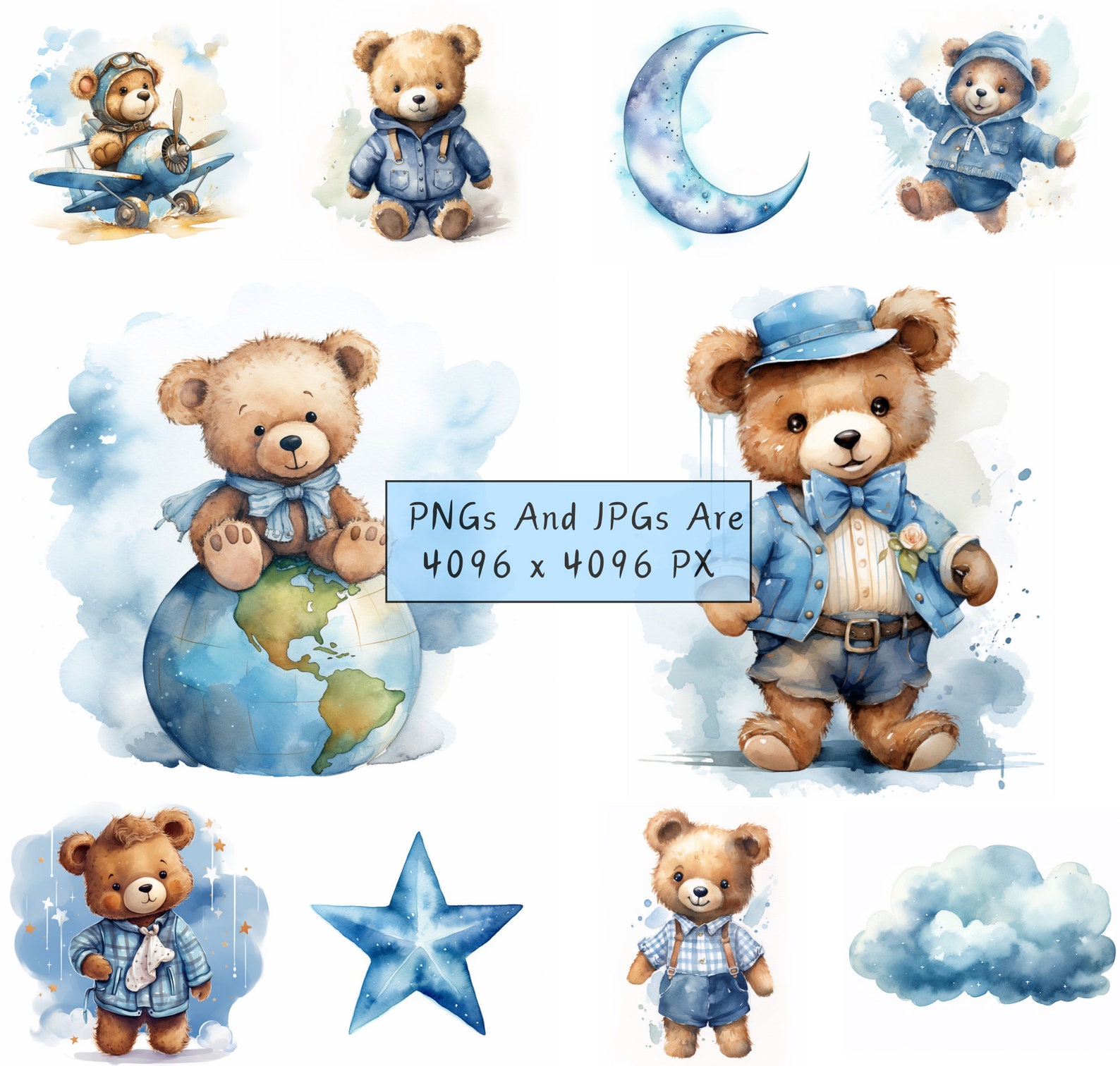 20 Watercolour Teddy Bear Clip Art, Bundle for Commercial Use, 300 Dpi ...