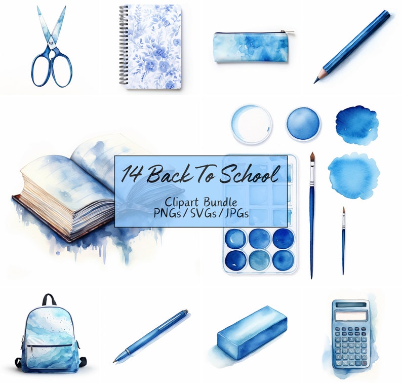 Blue Watercolour Back to School Clipart Bundle, 14 Pngs/svgs/jpgs ...
