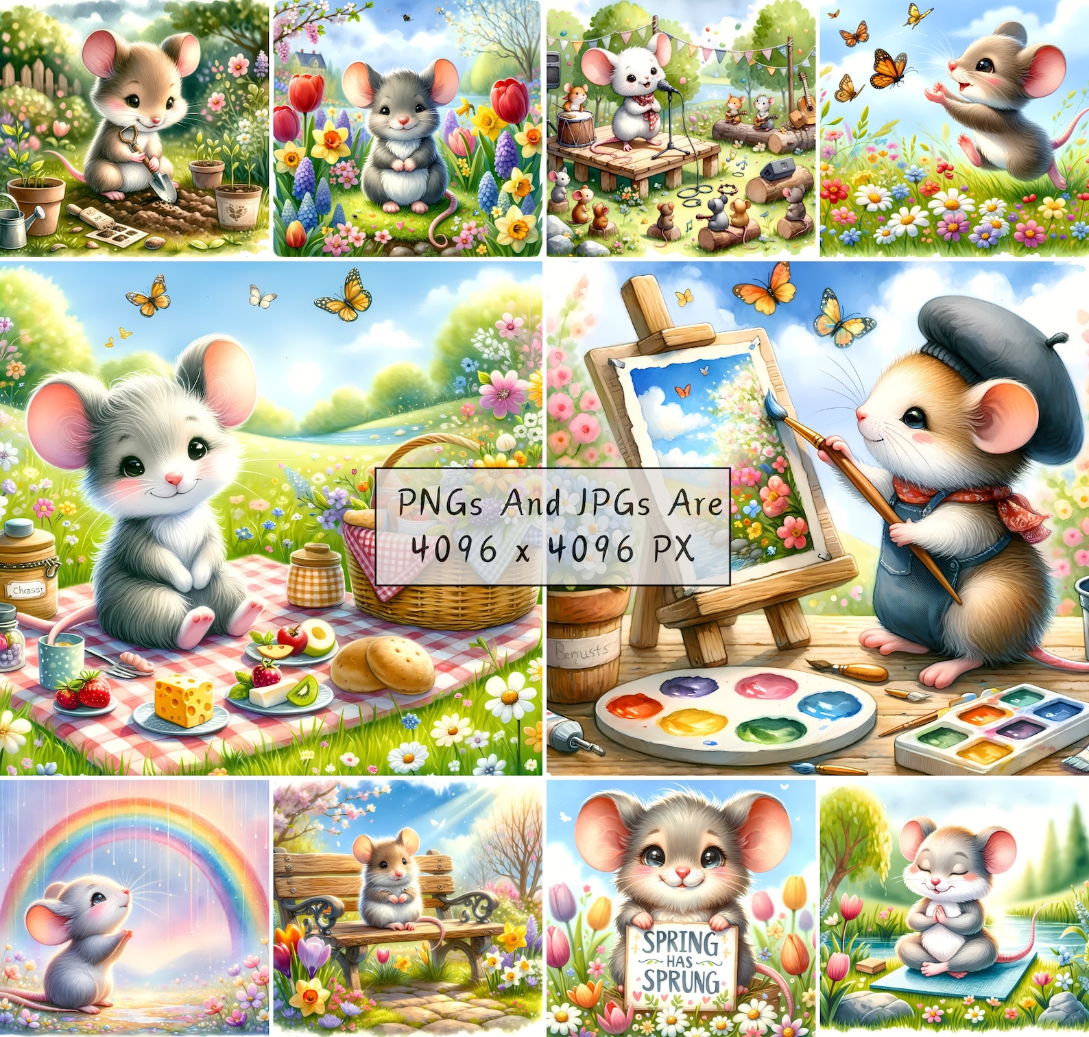 Cute Spring Mouse Clipart Bundle, Festive Watercolor Clip Art Images ...