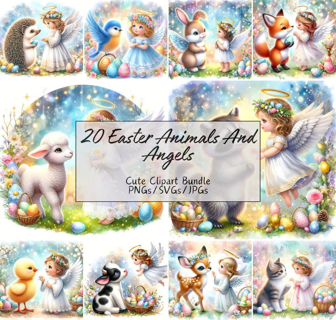 Cute Easter Animals and Angels Clipart, Watercolor Animal Images, High ...