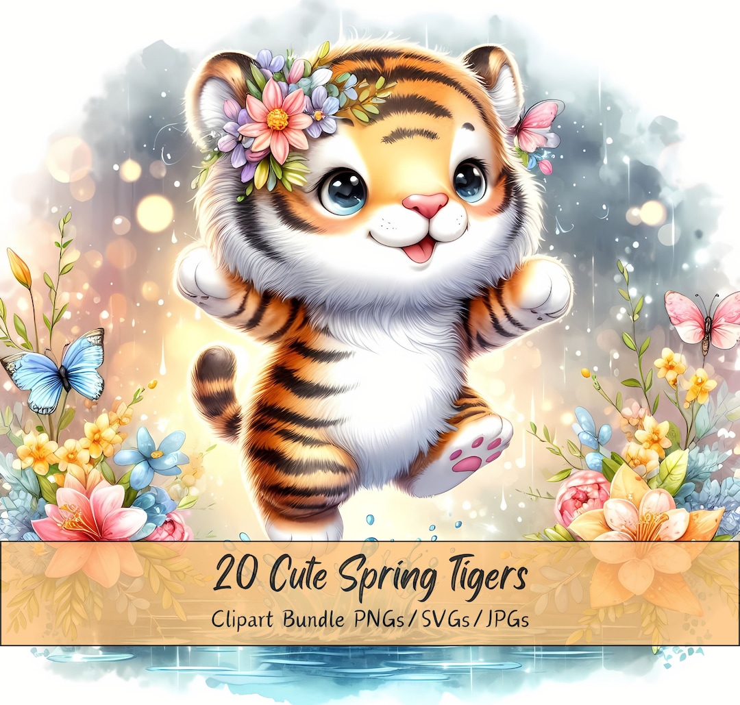 Cute Spring Tigers Clipart Bundle, Watercolor Clip Art Images, High ...