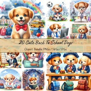 Cute Back to School Dogs Clipart Bundle, Watercolor Dog Clip Art Images ...