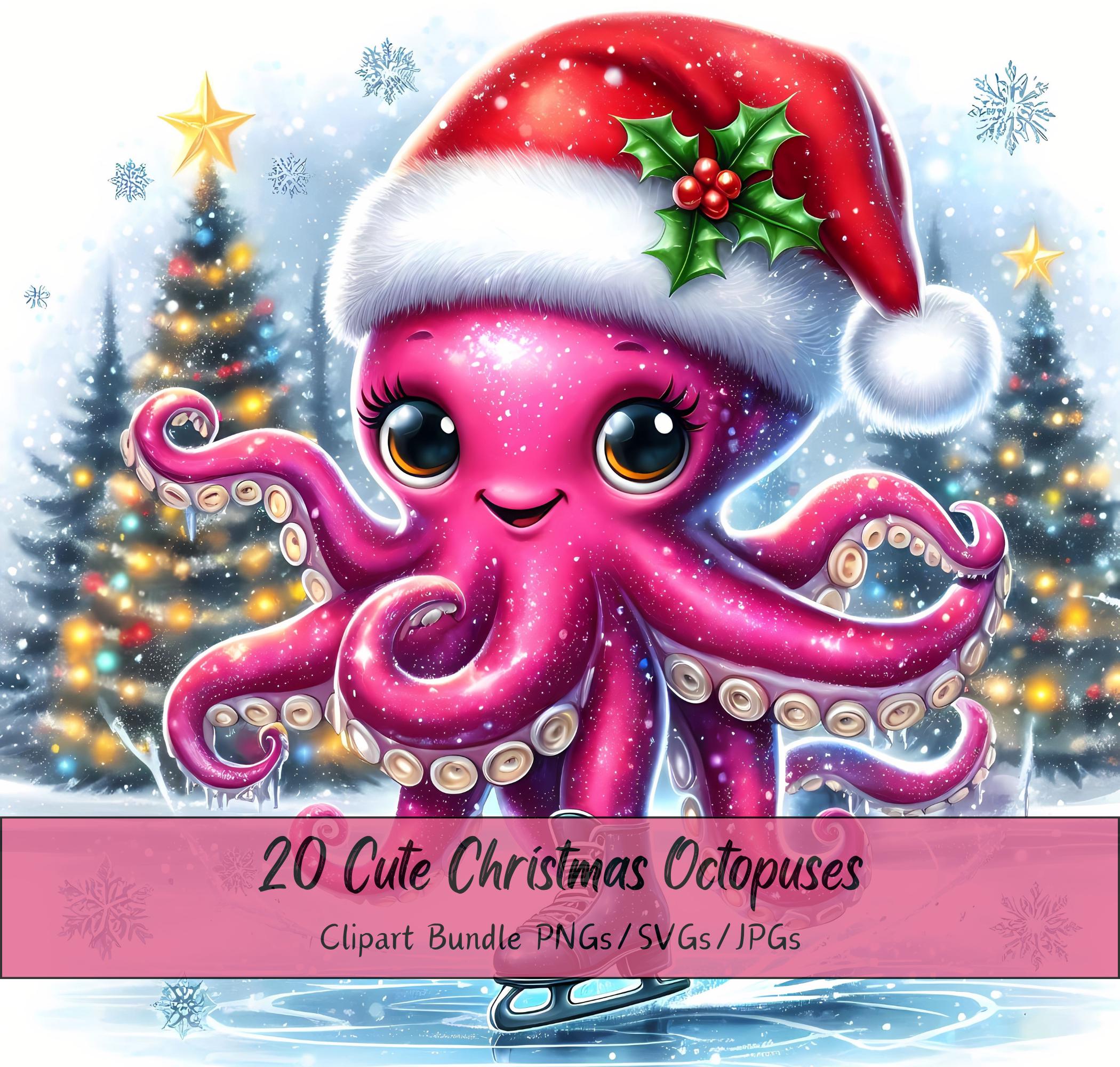 Cute Christmas Octopuses Clipart Bundle, Xmas Octopus Clip Art Images ...