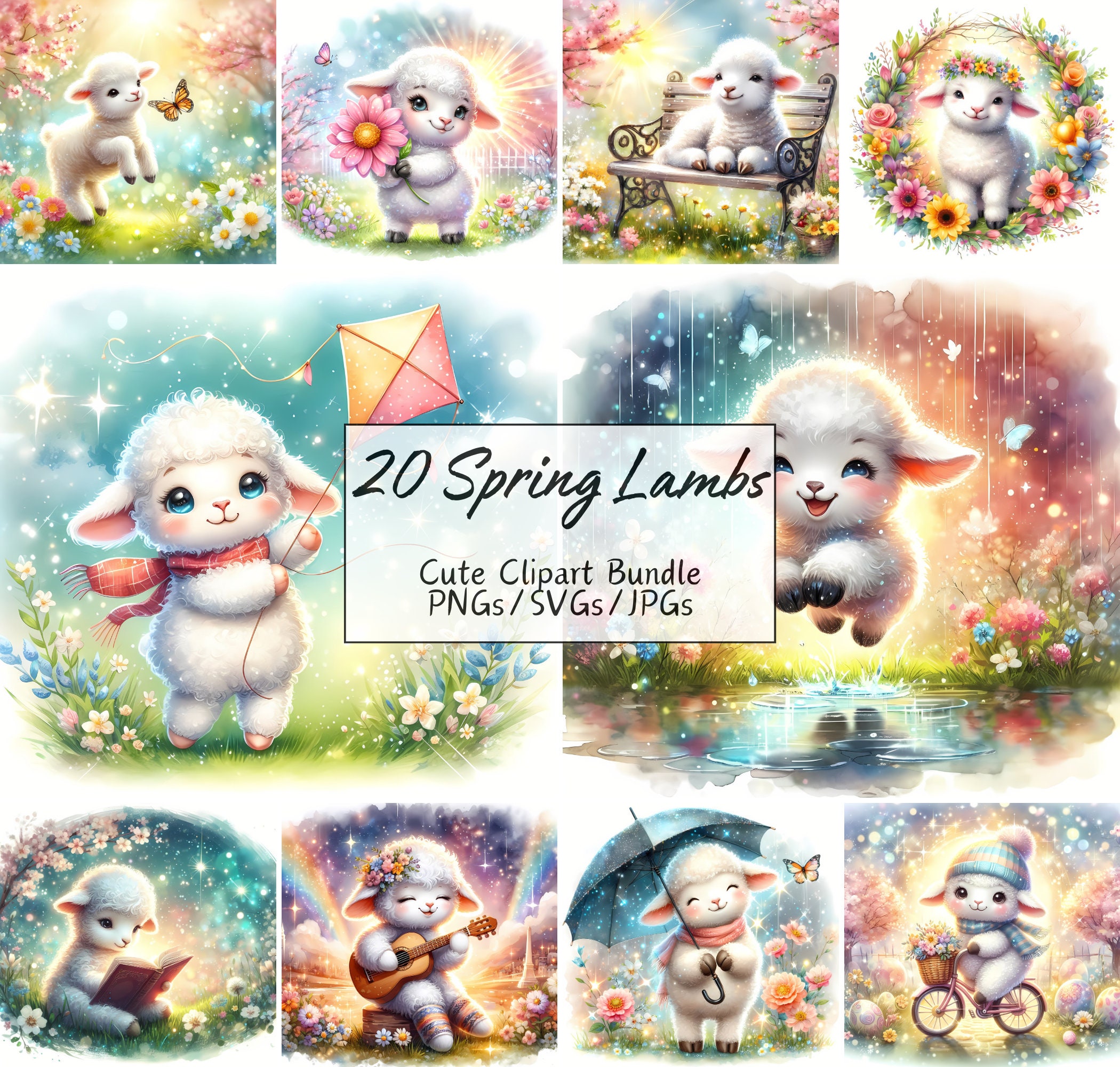 Cute Spring Lamb Clipart Bundle, Watercolor Clip Art Images, 20 High ...