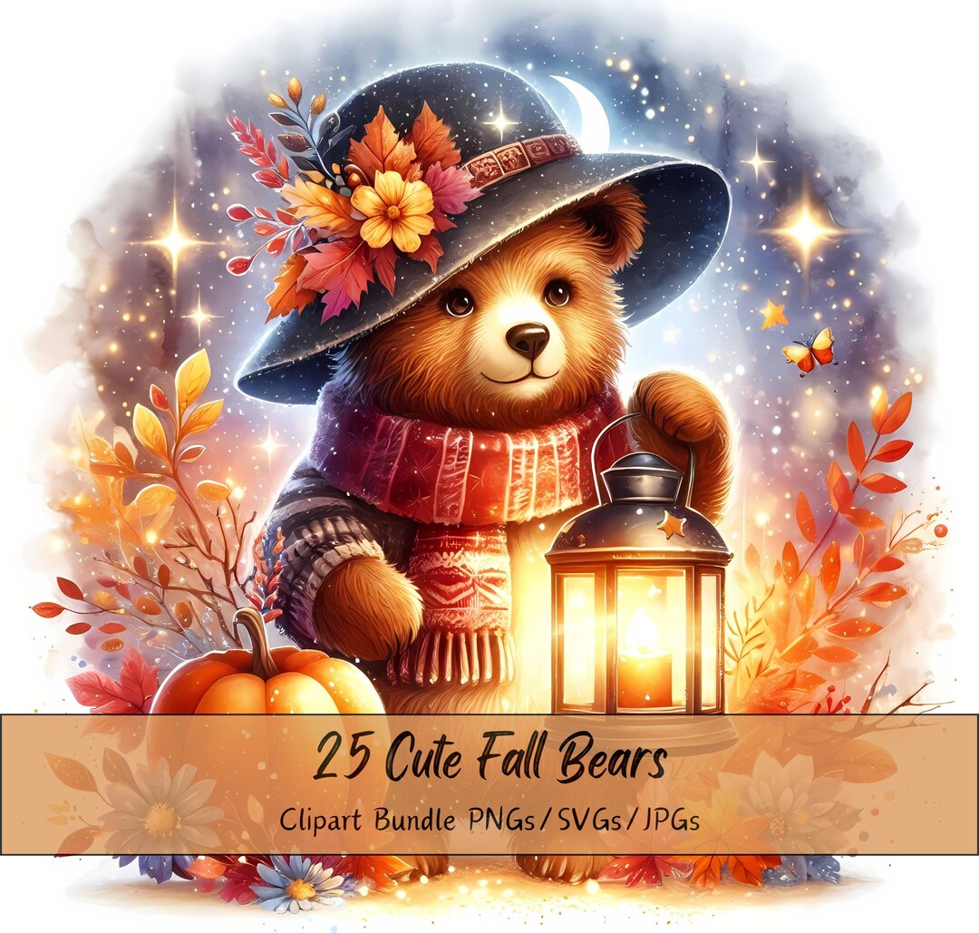 Cute Fall Bears Clipart Bundle, Watercolor Autumn Bear Clip Art Images ...