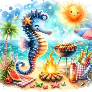 Cute Summer Animals Grilling Clipart Bundle, Watercolor Grill Clip Art ...