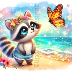 Cute Summer Raccoons Clipart Bundle, Watercolor Raccoon Clip Art Images ...
