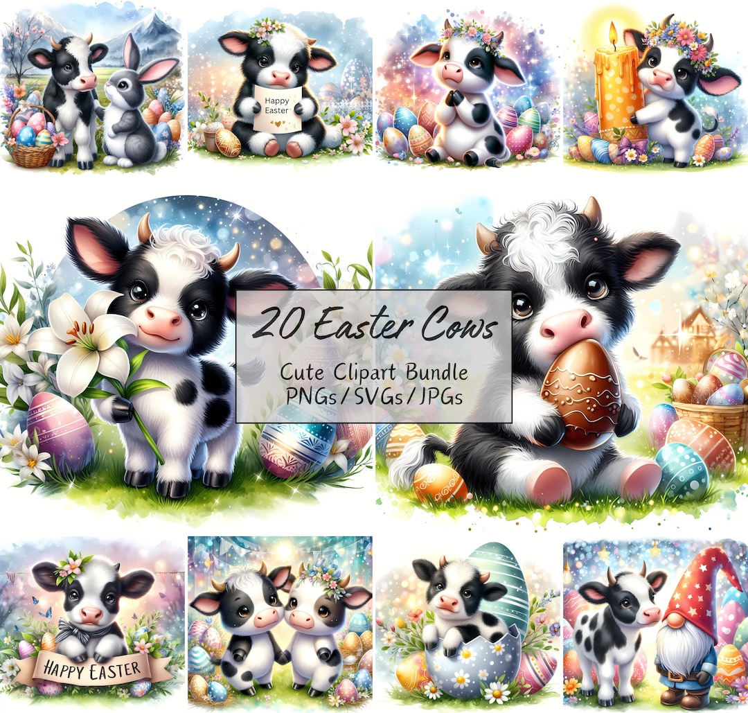 Cute Easter Cows Clipart, Funny Watercolor Animal Images, High Quality ...