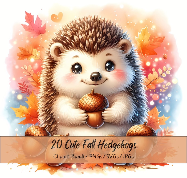 Cute Fall Hedgehogs Clipart Bundle, Watercolor Autumn Hedgehog Clip Art ...