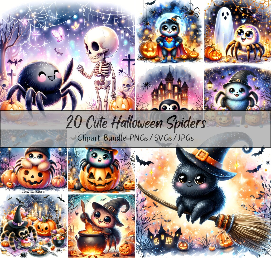Cute Halloween Spiders Clipart Bundle, Watercolor Spider Clip Art ...