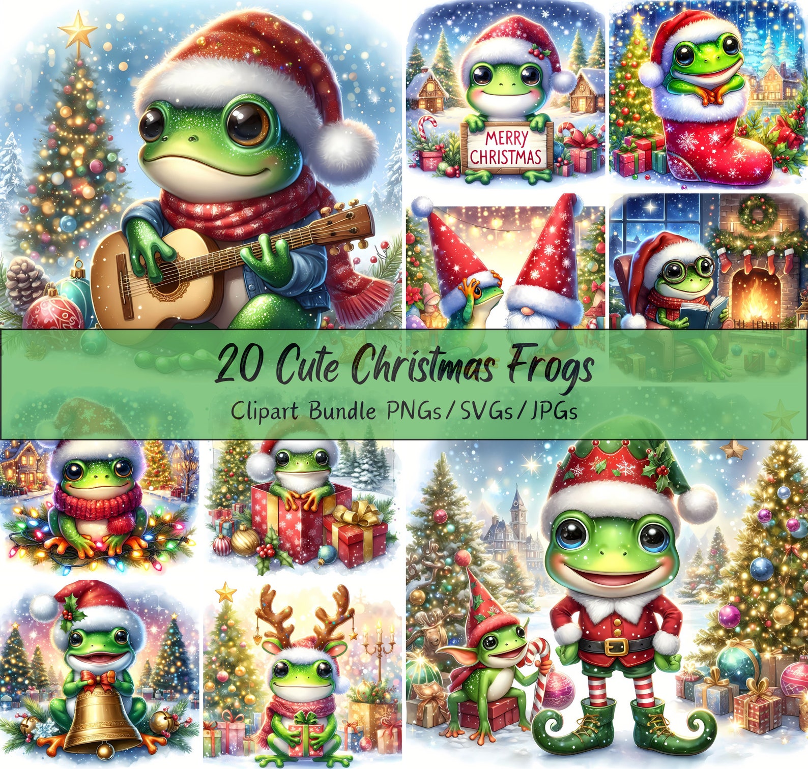 Cute Christmas Frogs Clipart Bundle, Xmas Frog Clip Art Images ...
