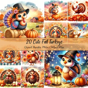 Cute Fall Turkeys Clipart Bundle, Watercolor Turkey Clip Art Images ...