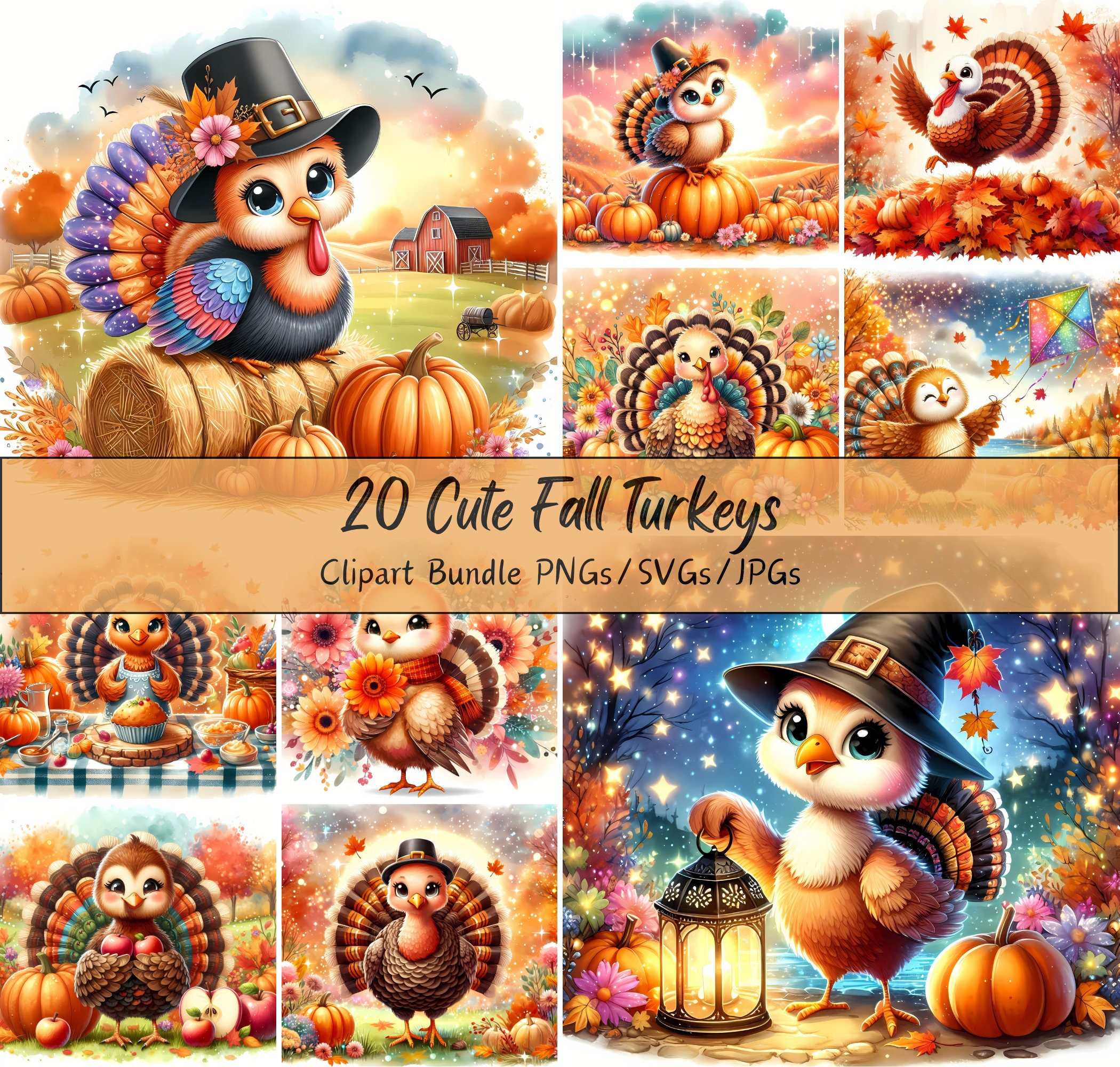 Cute Fall Turkeys Clipart Bundle, Watercolor Turkey Clip Art Images ...