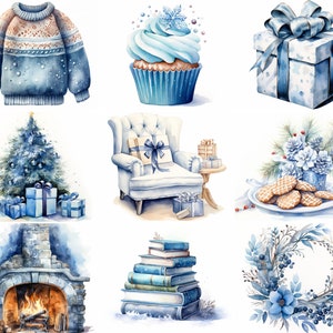Cozy Winter Clipart Bundle, Blue Winter, Cute Watercolor Christmas ...