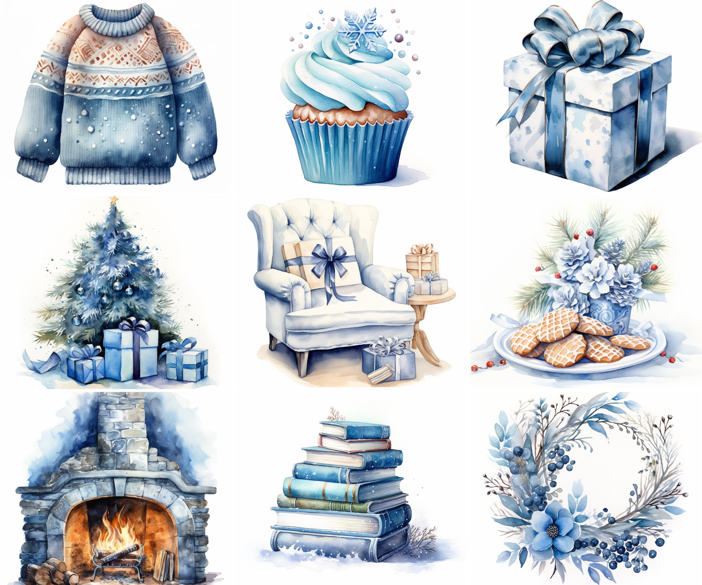 Cozy Winter Clipart Bundle, Blue Winter, Cute Watercolor Christmas ...