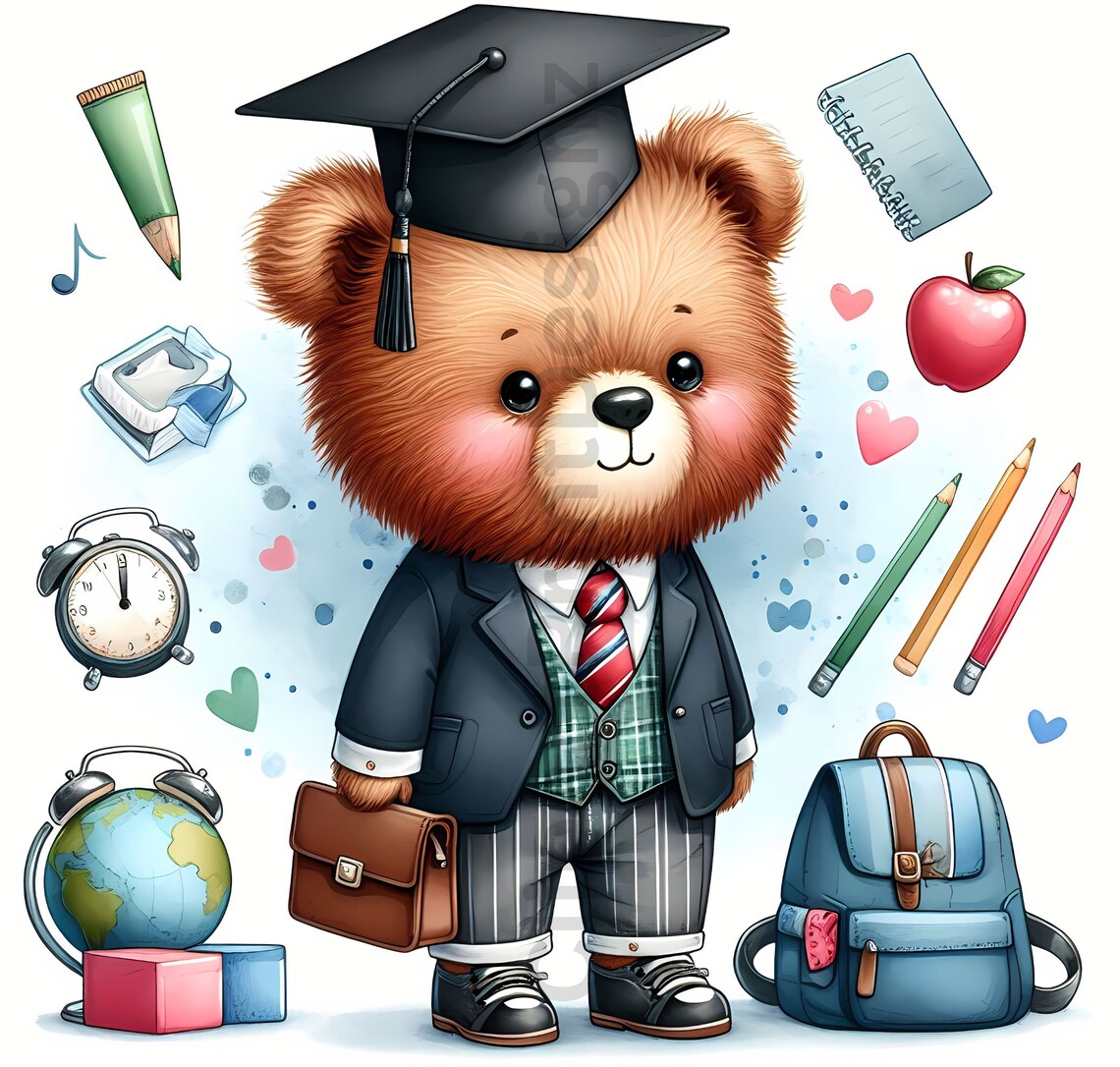 Cute Back to School Bears Clipart Bundle, Watercolor Bear Clip Art ...