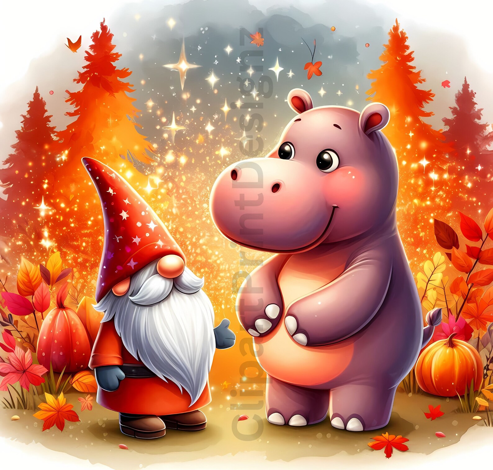 Cute Fall Hippopotamuses Clipart Bundle, Watercolor Hippos Clip Art ...