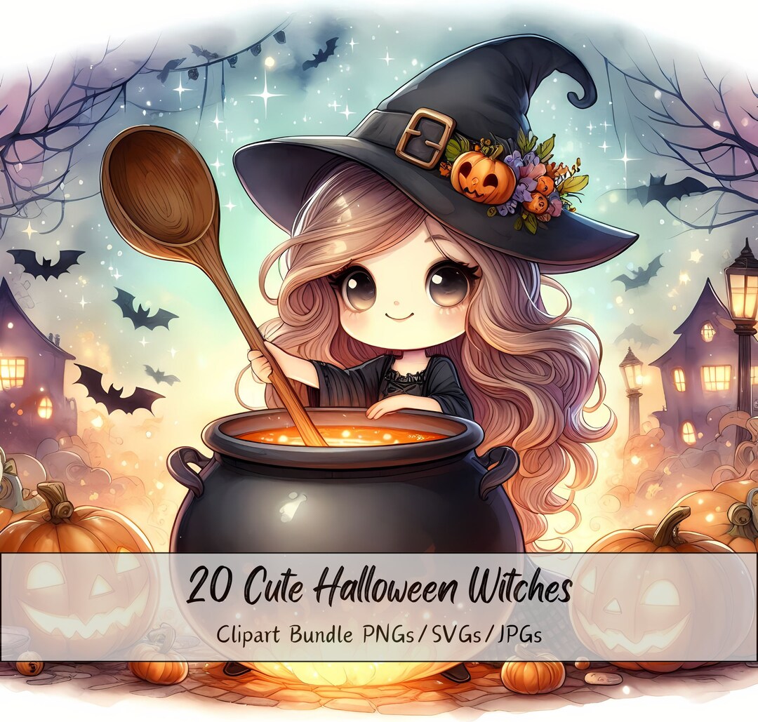 Cute Halloween Witches Clipart Bundle, Watercolor Witch Clip Art Images ...