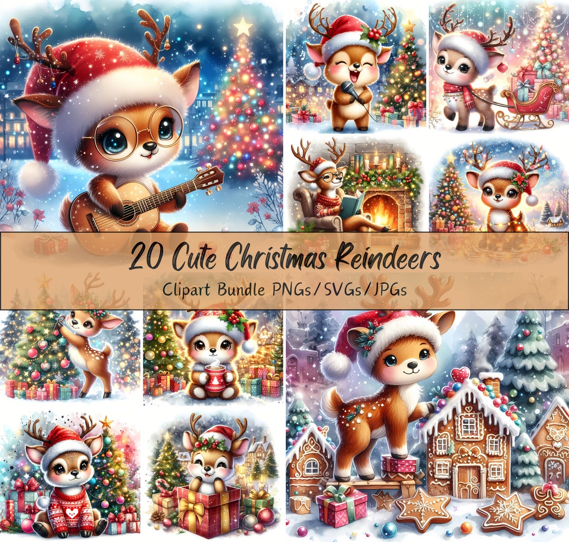 Cute Christmas Reindeers Clipart Bundle, Xmas Reindeer Clip Art Images ...