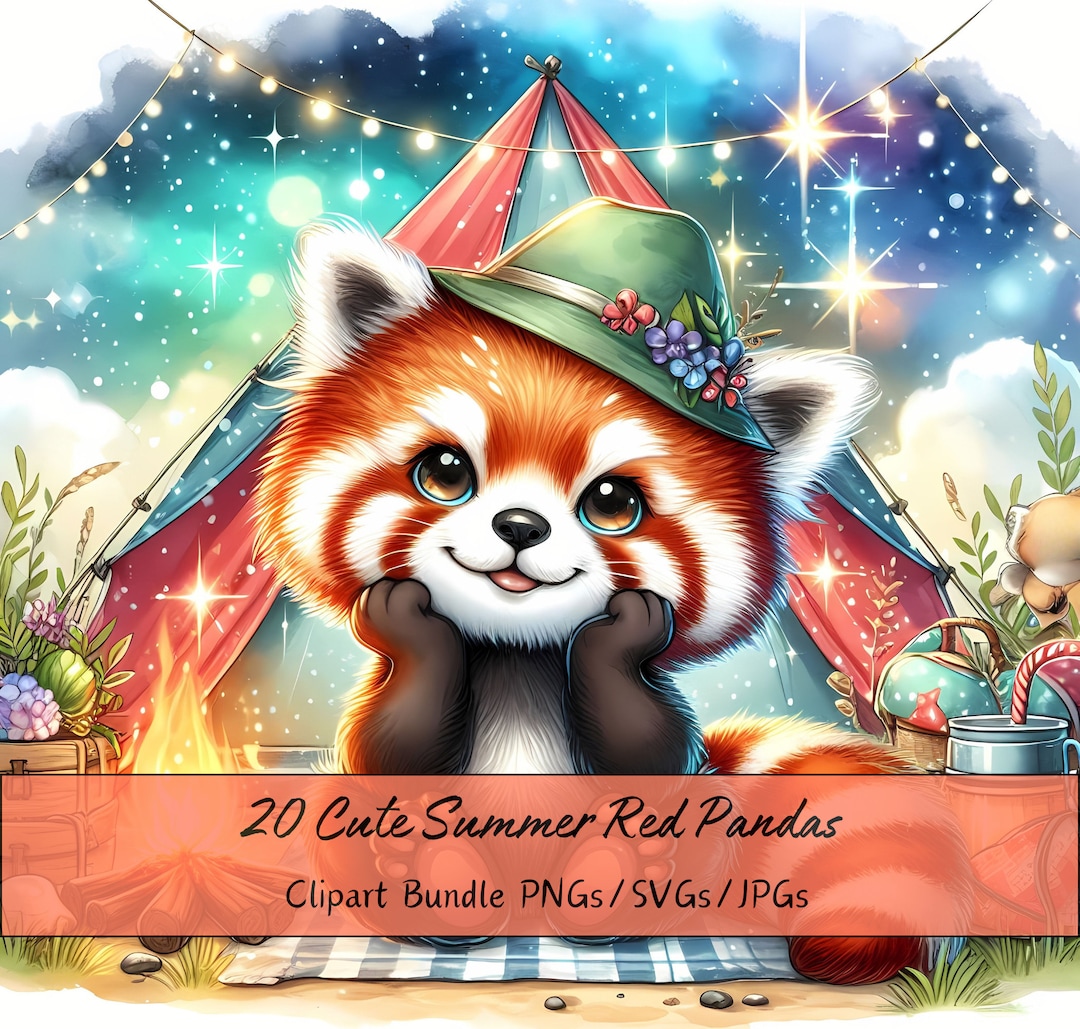 Cute Summer Red Pandas Clipart Bundle, Watercolor Panda Clip Art Images ...