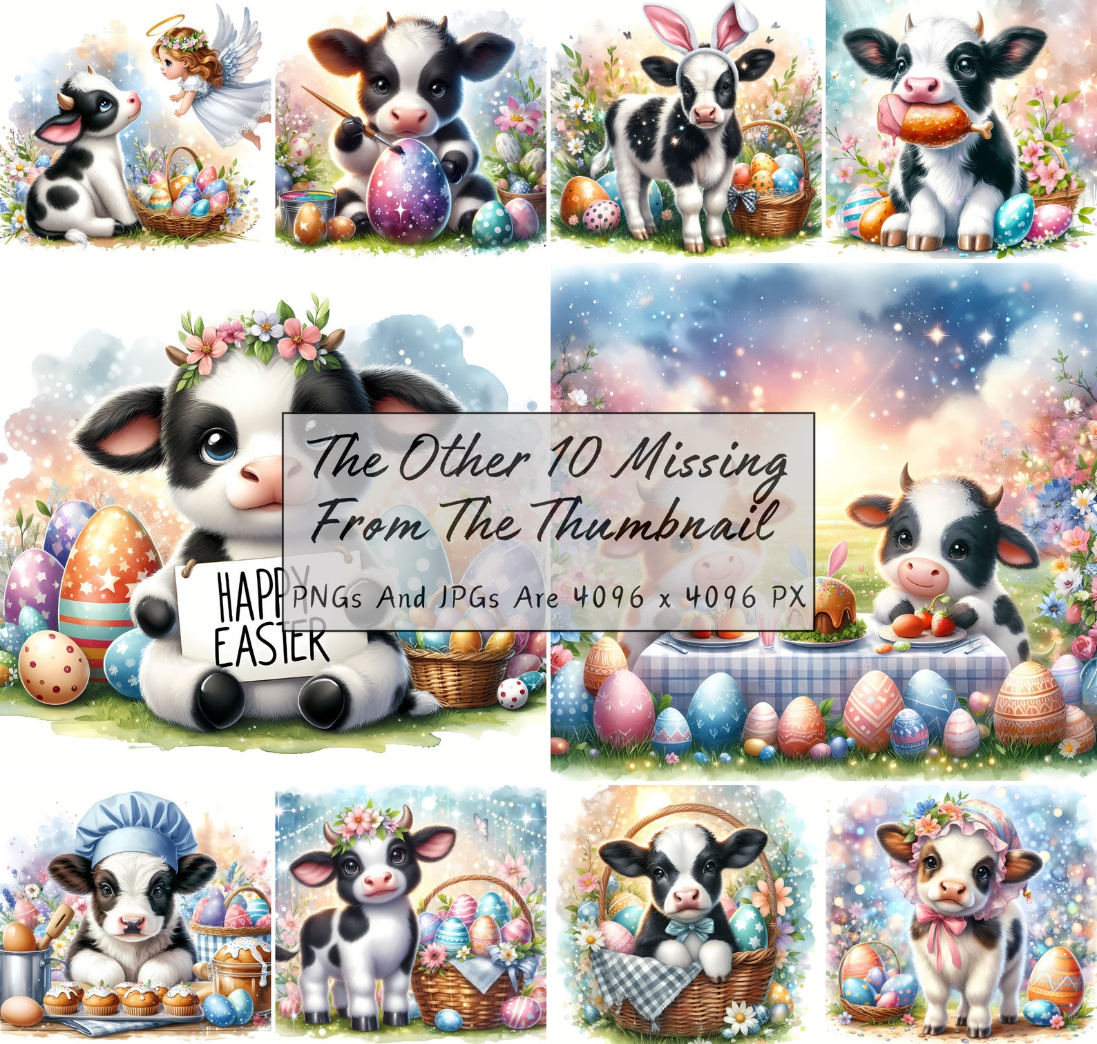 Cute Easter Cows Clipart, Funny Watercolor Animal Images, High Quality ...