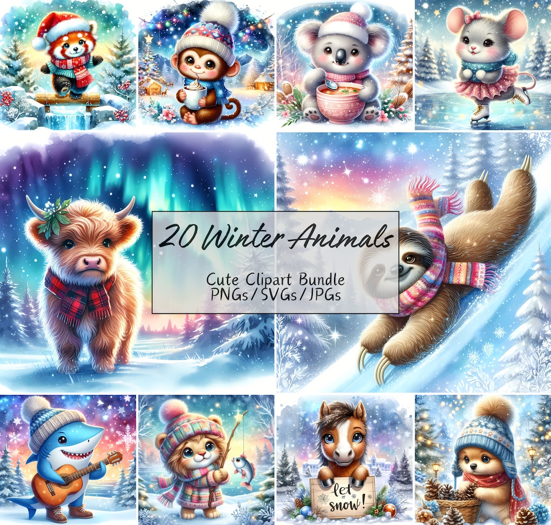 Cute Watercolor Winter Animals Clipart Bundle, Animal Images, 20 High ...